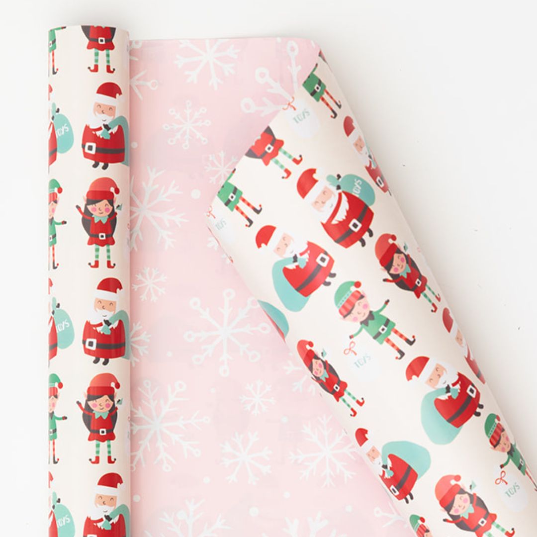 Santa & Snowflakes Double-Sided Christmas Gift Wrap - Reversible 30" x ...